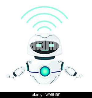 Cute white modern levitating robot with happy face flat vector ...