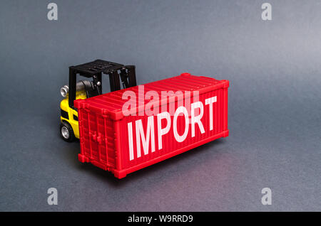 A Forklift Truck Carries A Red Container Labeled Smuggling