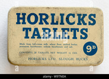Vintage old Horlicks tablets tin priced at ninepence. EDITORIAL ONLY ...