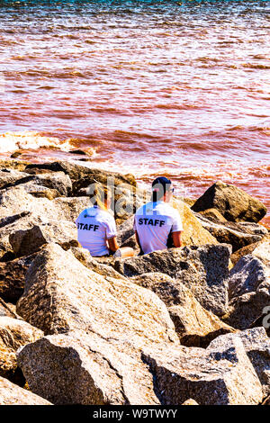 Crew members take a break on the bow of the MS Westerdam cruise ship to ...