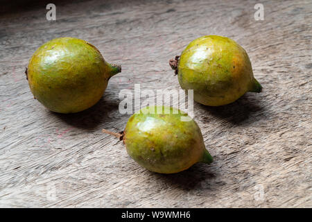 Close-up of exotic fruit Grugru nuts "Macauba" on wooden background ...