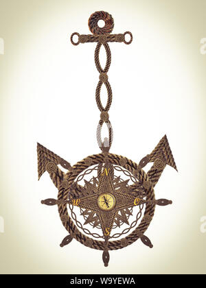 Compass anchor steering wheel globe wind rose made of ropes Stock Photo ...