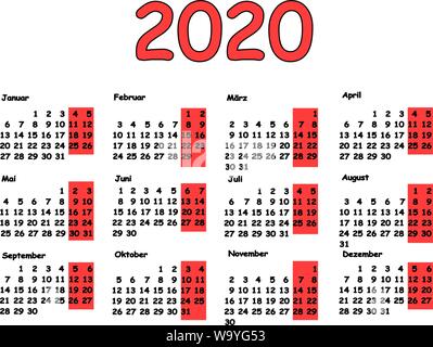 German calendar planner for 2020. German language, week starts from ...