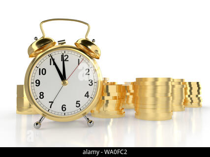 Time is gold concept - gold bell clock on a wooden table with "time is ...