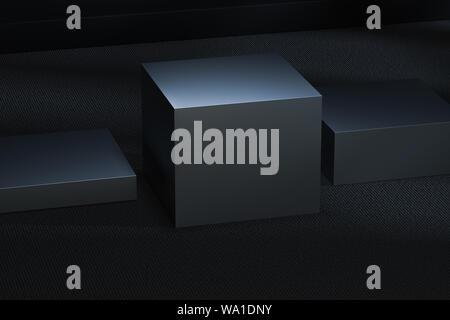 The metal cubic platform in the dark room, 3d rendering. Computer ...