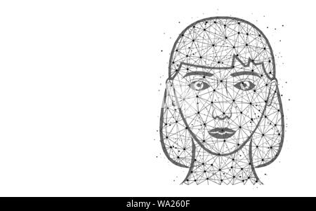Low poly head wireframe of a girl with a short haircut. Front view ...