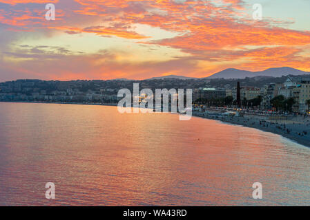 Sunset over the Baie des Anges, the Promende des Anglais and the city ...