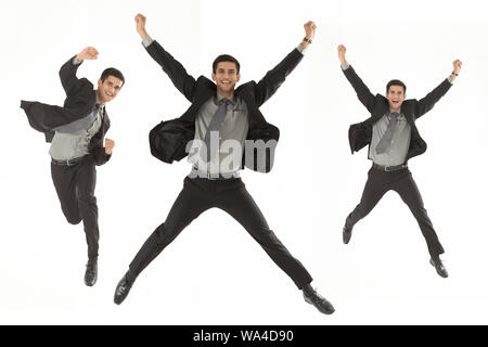 Multiple images of a businessman running and smiling Stock Photo - Alamy