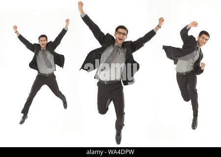 Multiple images of a businessman running and smiling Stock Photo - Alamy