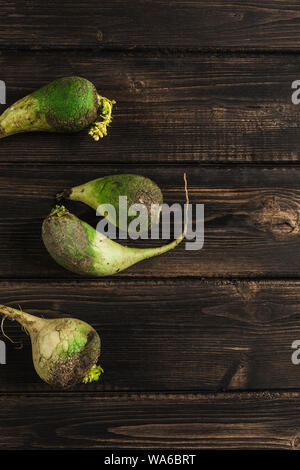 Ugly vegetable green radish with sprouts on a dark wooden natural ...