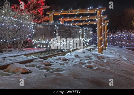 Christmas decorations at night, Canmore, Alberta, Canada Stock Photo ...