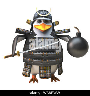Penguin 3d cartoon samurai warrior character in armour with sword ...