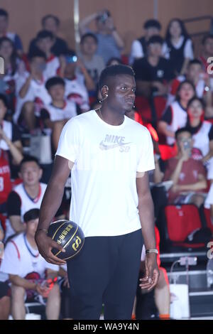 NBA star Clint Capela of Houston Rockets, tallest, attends the NBA 5V5 ...