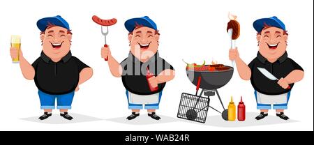 Person with beer cooking on barbecue grill , vector cartoon stick ...
