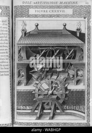 Complex machine using water-wheel, bellows, and turbine action Stock ...