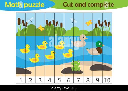 Pond with ducks in cartoon style, pond card for kid, preschool activity ...
