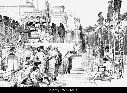 Fire of Rome ordered by the Emperor Nero in 64 AD, coloured engraving ...