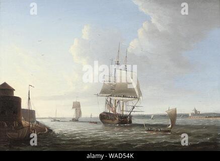 . An English man-o'war shortening sail entering Portsmouth harbour ...