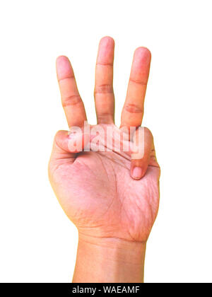 Business man, hand and number three sign isolated on white background ...