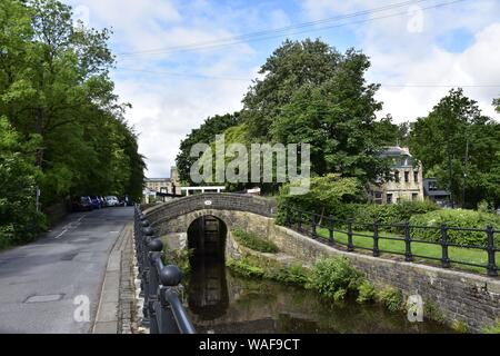 The Huddersfield Narrow Canal and old Mill building at Slaithwaite in ...