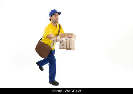 Brazilian mailman running with a package on a white background. copy ...