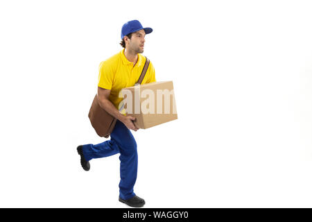 Brazilian mailman on a white background delivering a package. copy ...