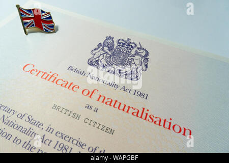 Official certificate of naturalisation awarded to new British Citizens ...