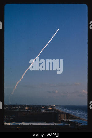 shuttle launch in the clouds to outer space. Dark space with stars on ...