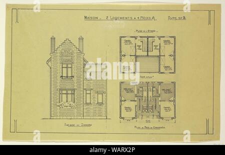 Drawing, Rendering of Elevation and Floor Plan of a Two Family Mass ...