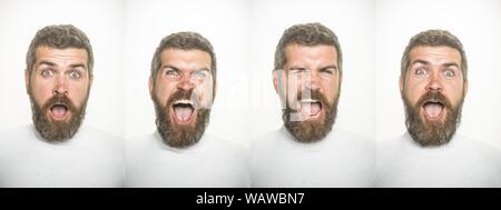 Collage of young man with beard and long hair over white isolated ...