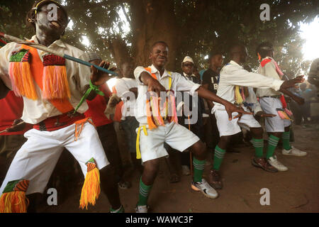 Traditional gule wamkulu tribal dancers perform a spiritual ceremony in ...