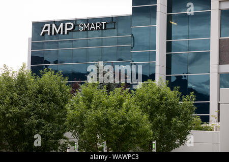 A logo sign outside of the headquarters of AMP Smart in American Fork ...