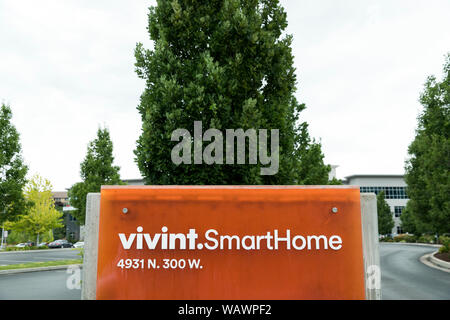 A logo sign outside of the headquarters of Vivint Smart Home in Provo ...