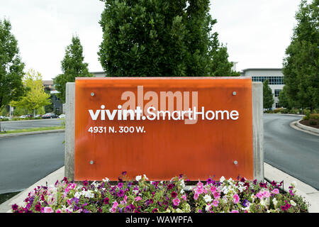 A logo sign outside of the headquarters of Vivint Smart Home in Provo ...