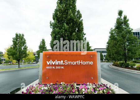 A logo sign outside of the headquarters of Vivint Smart Home in Provo ...