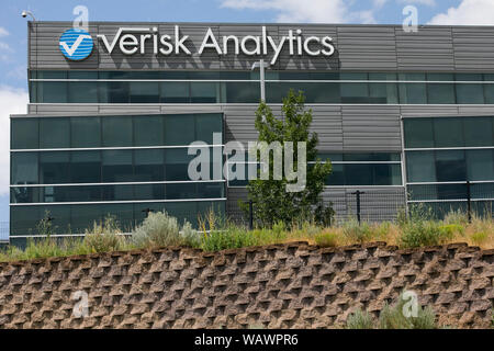 A logo sign outside of the headquarters of Verisk Analytics in Lehi, Utah on July 27, 2019 ...