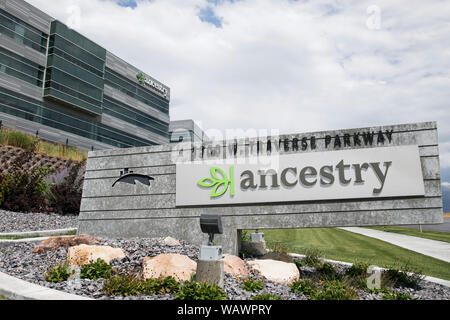 A logo sign outside of the headquarters of Ancestry (Ancestry.com) in Lehi, Utah on July 27 ...