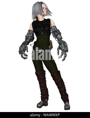 Female android soldier, military cyborg woman armed with rifle laying ...