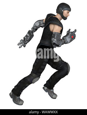 3D digital render of a male cyborg running isolated on white background ...