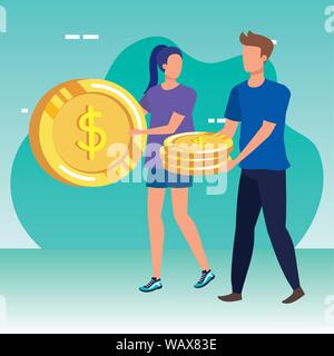 young couple with coins money avatars characters Stock Vector Image ...