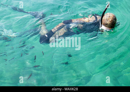 Crete, Greece. Scuba diver snorkelling in the Sea of Crete just off the ...