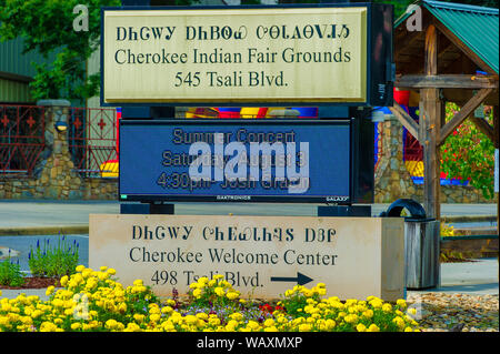 Cherokee, North Carolina,USA - August 3,2019: Welcome sign in both ...