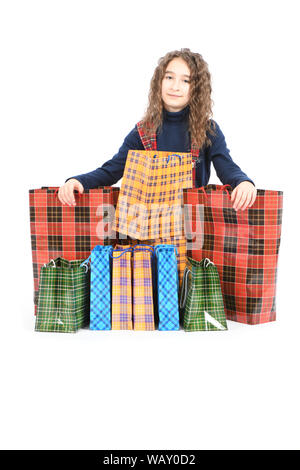 happy child long curly hair smell shampoo bottle isolated on white ...