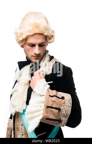 handsome gentleman looking at pompous victorian woman in blue dress ...