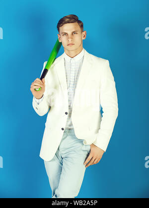 Handsome businessman with bat on white Stock Photo - Alamy