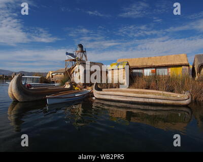 A typical Uro totora balse at Titicaca Lake. The Uru or Uros are an ...