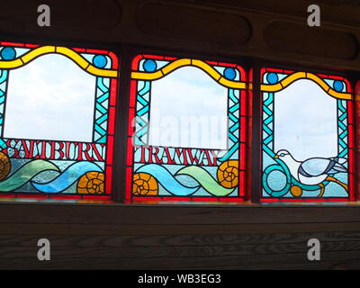 Stained glass window of Saltburn Funicular Tramway, with view of town ...
