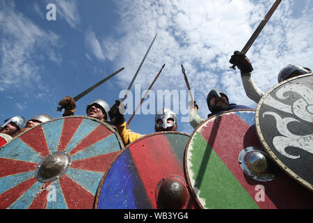 Viking reenactors outside Whitby Abbey in Yorkshire as part of the ...