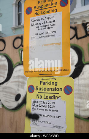 Parking suspension warning sign board on a residential London street ...