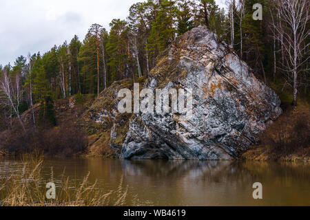 river bank with limestone cliffs overgrown with pine forest in early ...